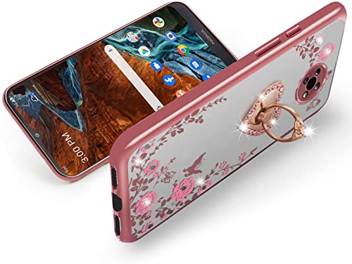 B-wishy Nokia G300 5G Glitter Case - Slim Butterfly Floral TPU, Luxury Bling Diamond, Ring Stand + Strap (Rose Gold)