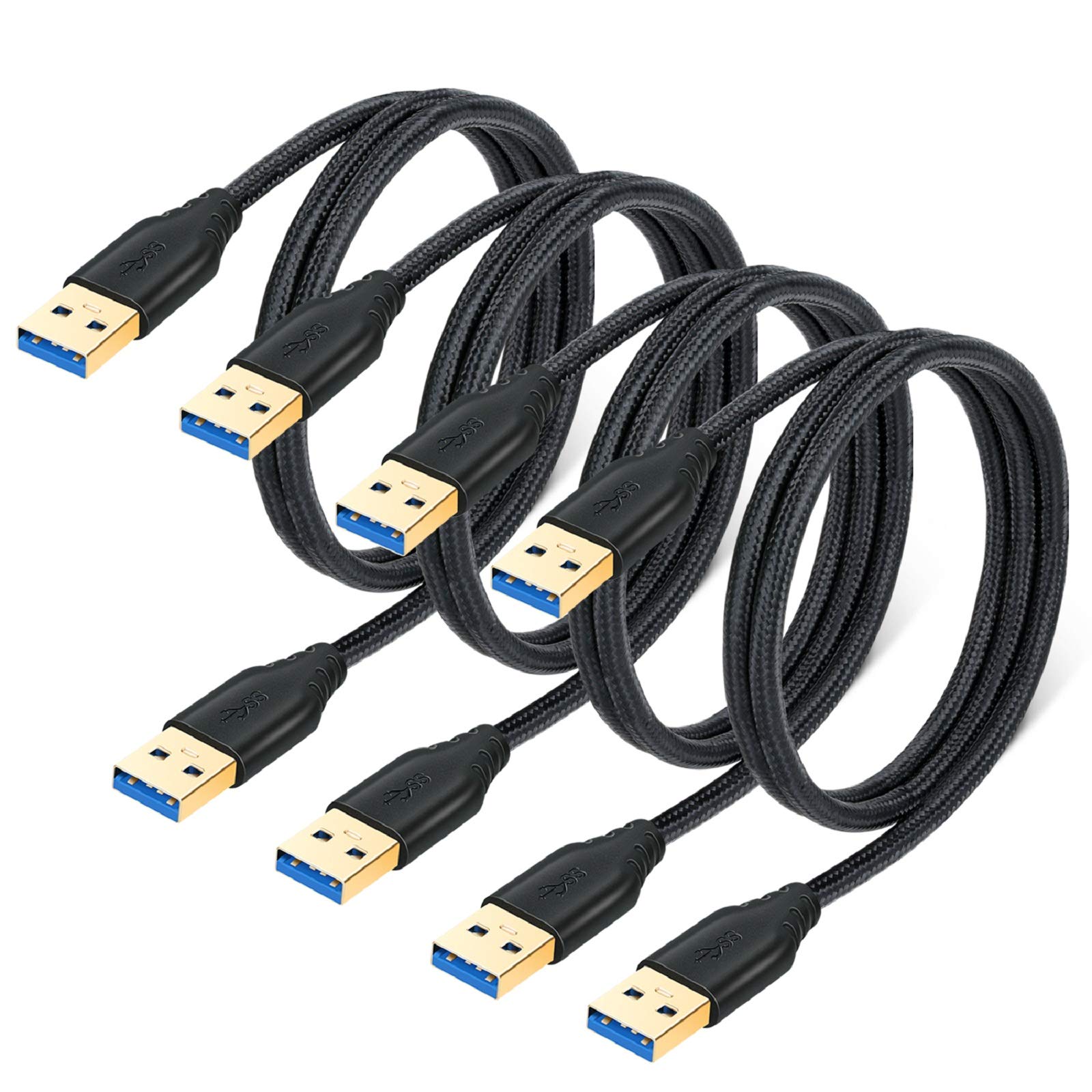 Besgoods USB 3.0 A to A Cable, 4-Pack 1M/3Ft Short Type A Male to Male Braided USB Cable Cord Compatible for Hard Drive Enclosures, Laptop Cooling Pad, DVD Players - Black