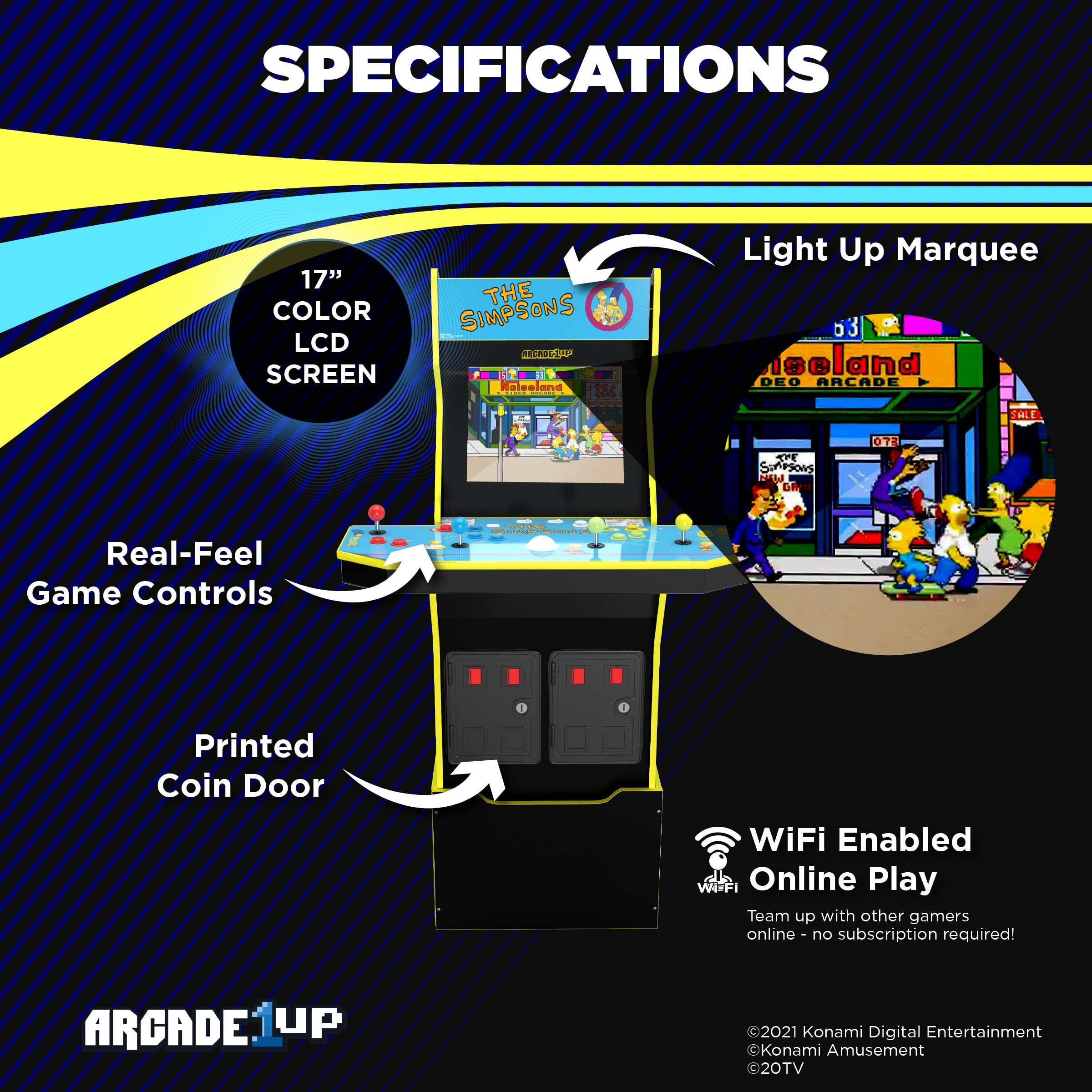 Arcade1Up The Simpsons Arcade Machine, 4-Foot β 4 Player Arcade Game Machine for Home, Live WiFi Enabled β Includes Custom Arcade Game Riser, Adjustable Stool, Light-Up Marquee, and Tin Wall Sign