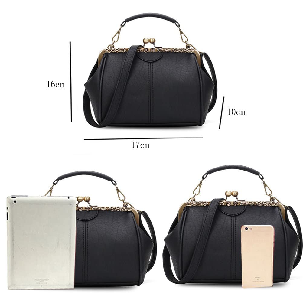 Arnosoar Vintage Kiss lock Handbag Women Purses Solid PU Leather Top-Handle Bag Indigo-blue
