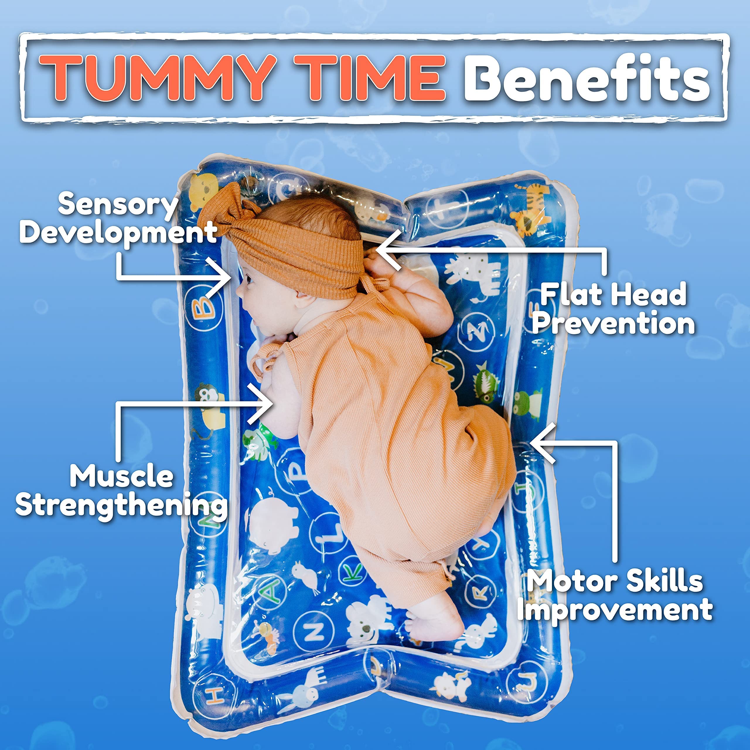SplashEZ Water Mat for Babies β Inflatable Tummy Time Water Play Activity Mat with Animals & Letters Stimulates Brain Development β BPA-Free, Sensory Baby Boy & Girl Mats, 26x20x2.5 in.
