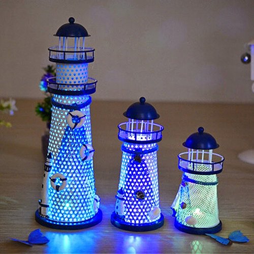 Baost 1Pc LED Lantern Night Light Lamp Metal Vintage Openwork Ocean Lighthouse Wedding Lamp Ornament Furnishing Maritime Crafts Beacon Mediterranean Style for Kids Bedside 285 mm
