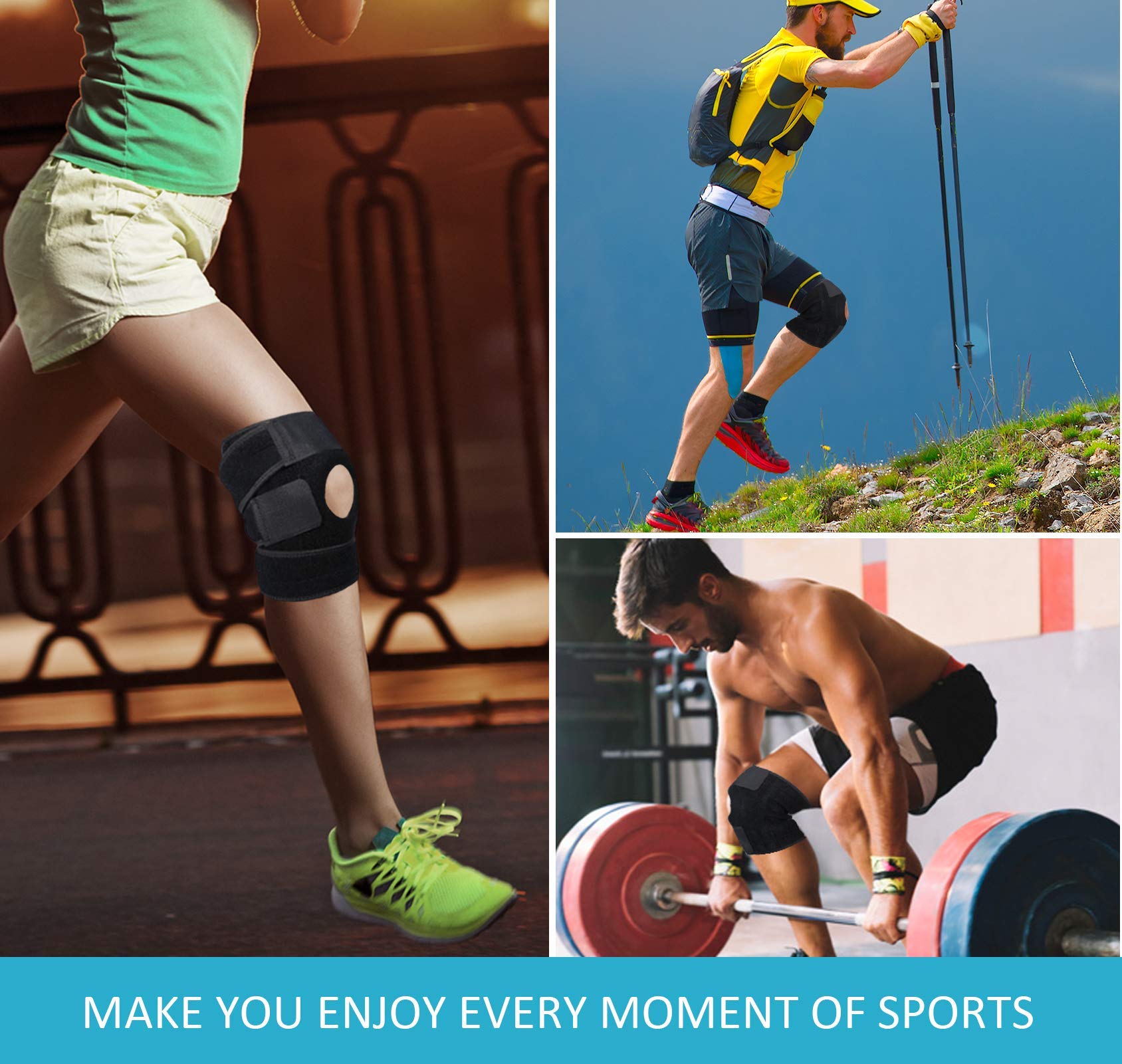 2 Pack Knee Brace Relieves Pressure, Knee Support help Athletic Injury Recovery, Arthritis Tendonitis Pain and Meniscus Tear, Non-Silp with 3 Point Adjustable Compression, Open Patella Avoid Injury