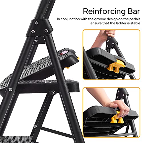 3 Step Ladder, Folding Step Stool with Wide Anti-Slip Pedal, Lightweight 500lbs Step Ladder 3 Step Folding, 3 Step Ladder Folding Step Stool for Adults, Portable Kitchen Step Stool Black
