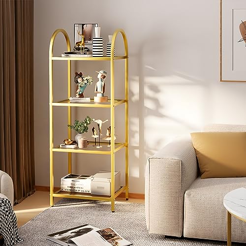 Arbuxzuy 4-Tier Bookcase ,Small Bookshelf ,Narrow Tempered Glass Bookshelves,Slim Shelving Unit for for Living Room, Bedroom, Home Office, Gold