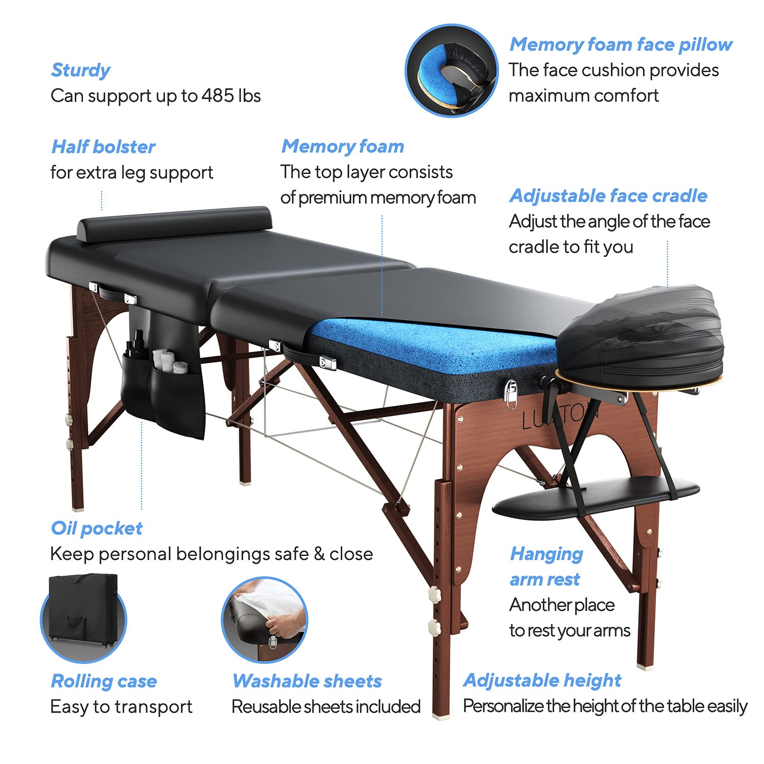 Luxton Premium Memory Foam Massage Table - Rolling Travel Case, Washable Sheets, Thicker & Wider