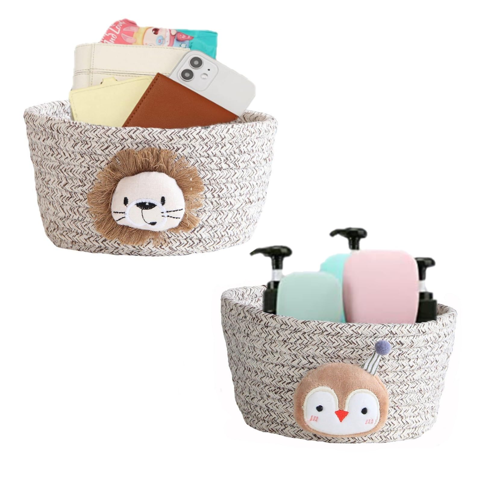 2 Pcs Small Woven Basket Mini Cotton Rope Storage Basket Rabbit Lion Toy Basket Cute Mini Tiny Storage Baskets for Nursery Room Bedroom Living Room Organizing