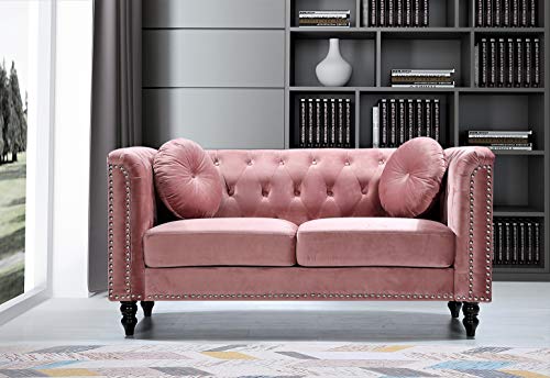 Container Furniture Direct Kittleson Velvet Chesterfield Loveseat for Living Room, Apartment or Office, Mid Century Modern Diamond Tufted Couch With Nailhead Accent, 64.17", Salmon