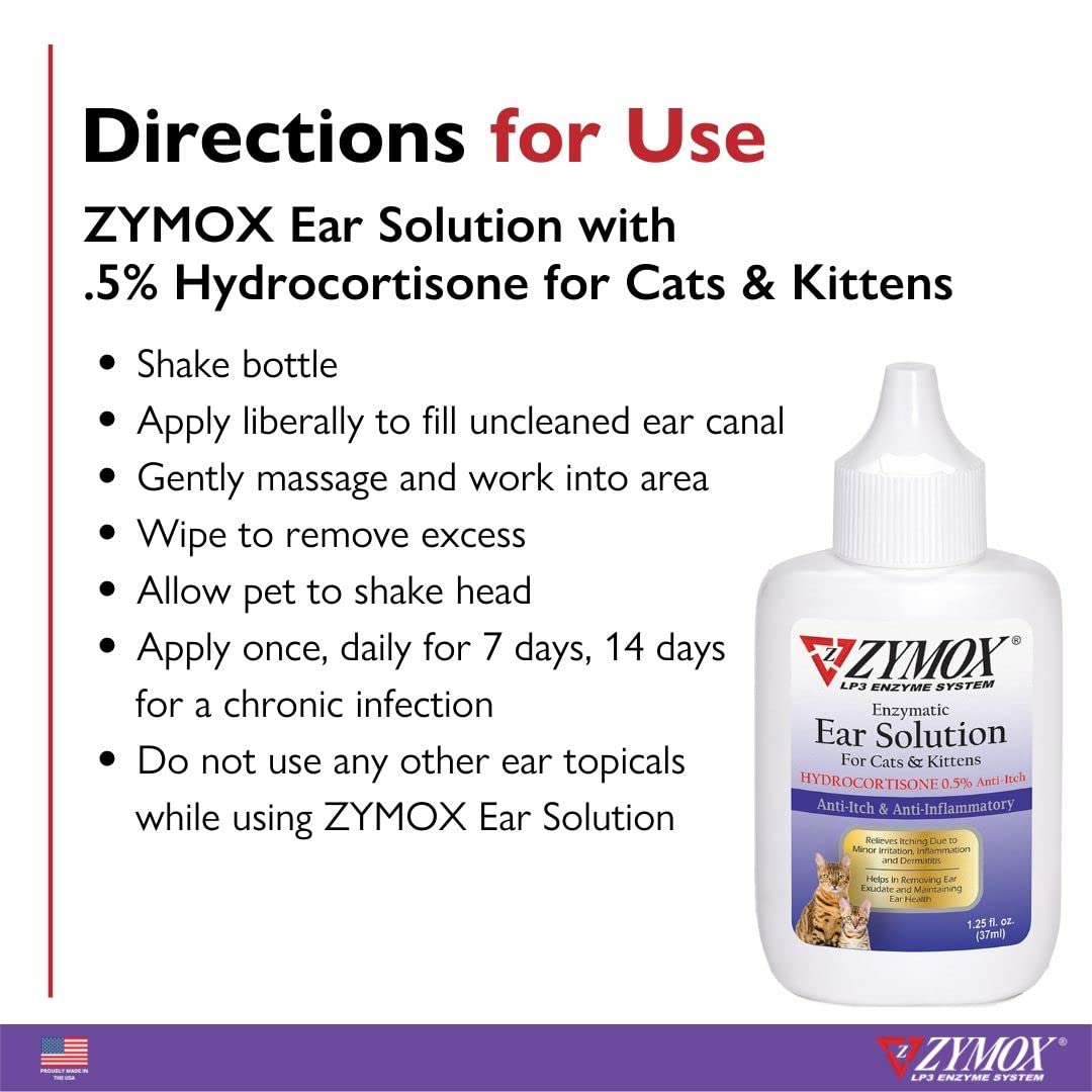 Zymox Enzymatic Ear Solution with 0.5% Hydrocortisone for Cats & Kittens, 1.25 oz. β Cleans & Refreshes Ear Canal for Relief from Ear Wax, Dirt Buildup, Itchiness, Irritation, Inflammation & Redness