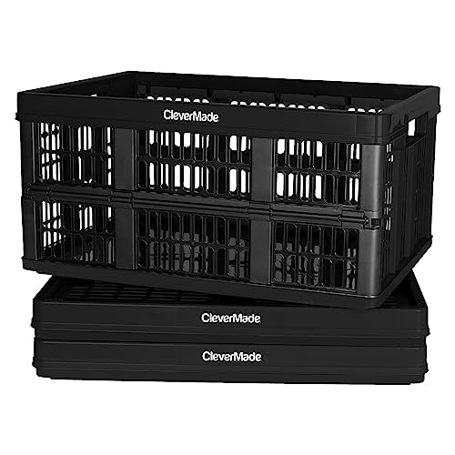 CleverMade 45L Collapsible Storage Bins, Plastic Stackable Grated Wall Utility Containers, CleverCrates Baskets, Black, 3 Pack