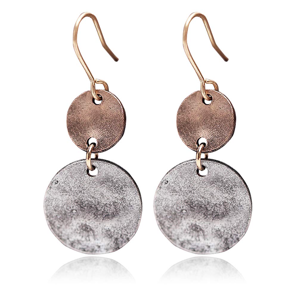 2 pairs Boho Drop Coin Earring Round Dangle Hoops Handmade Retro Geometry Earring Copper Wire Women Jewelry (Round Gold+Round Silver)