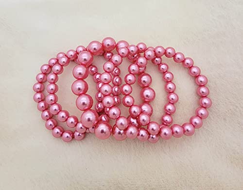 BA UNIQUE FASHION Women's Simulated Pearl Stretch Bracelet 5 PCS Set (Watermelon Pink)
