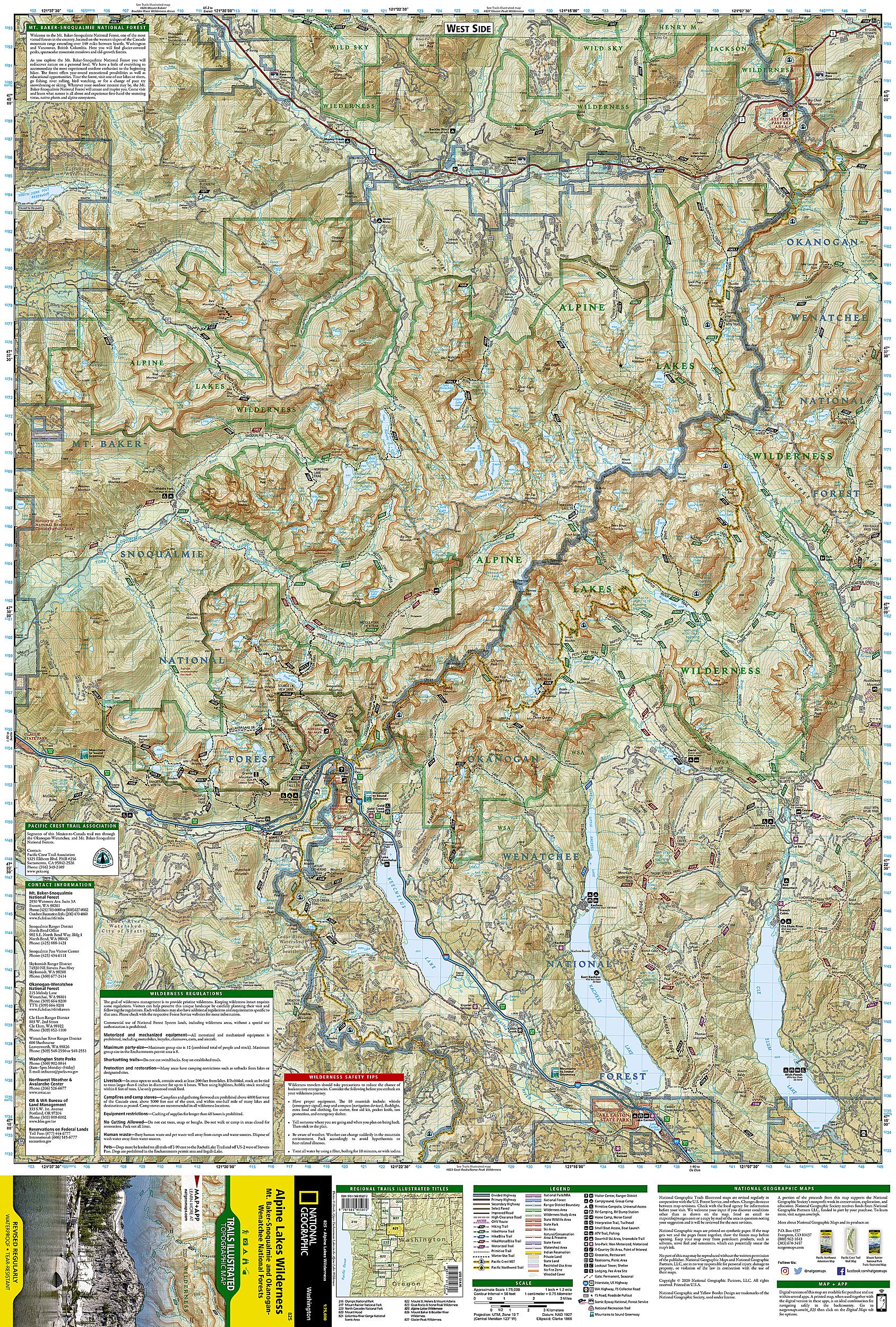 Alpine Lakes Wilderness Map [Mt. Baker-Snoqualmie and Okanogan-Wenatchee National Forests] (National Geographic Trails Illustrated Map, 825)