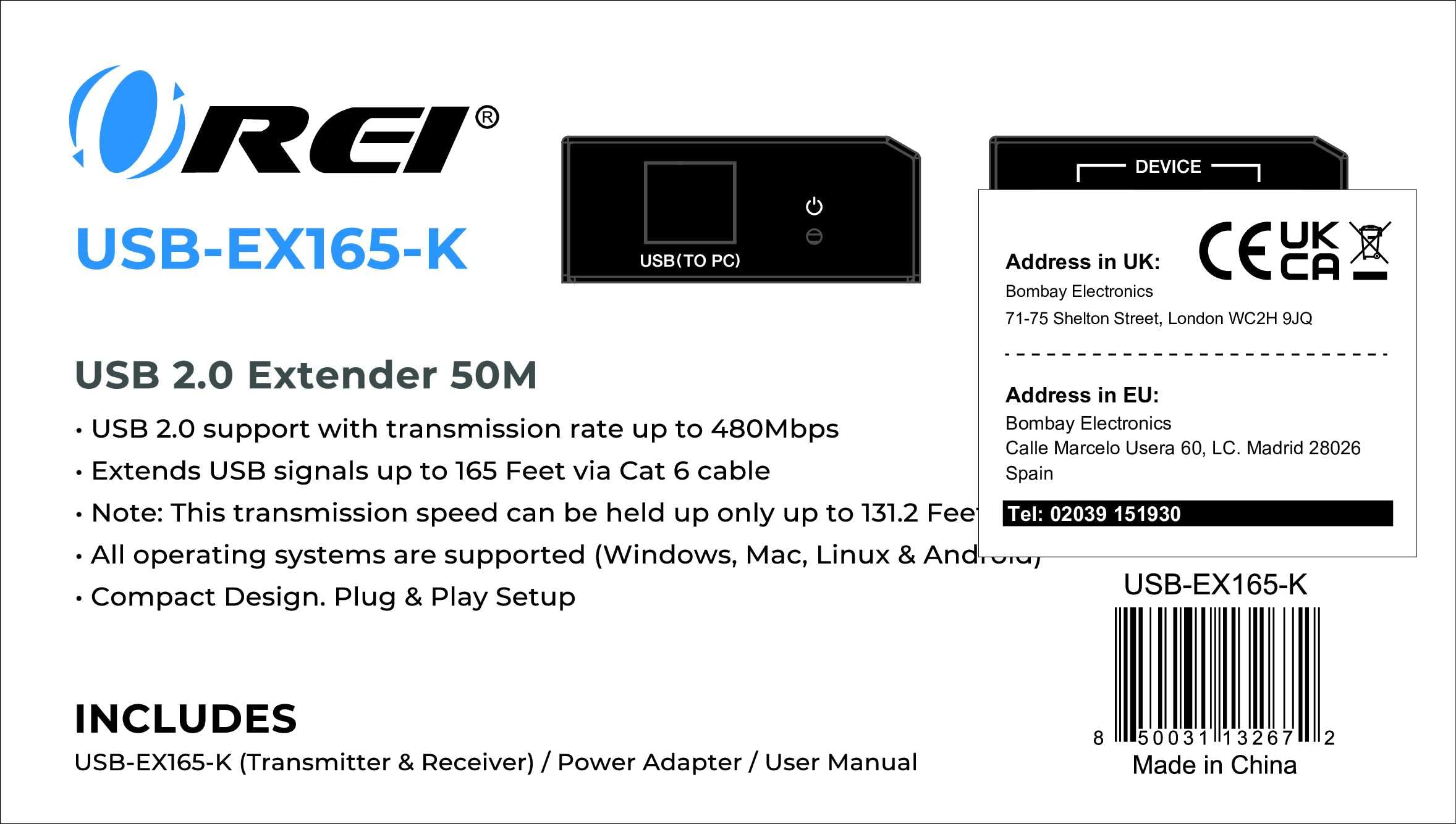 OREI USB Over Ethernet Extender Upto 330 Feet - Extends USB 2.0 Signals Over LAN Ethernet with 2 Ports - Power Over Cable, Long Distance Extension & Support for All Operating Systems (USB-EXB330-K)