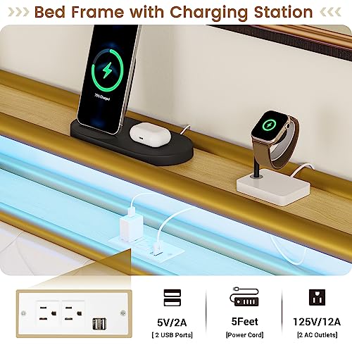 ADORNEVE LED Bed Frame Full with Storage Headboard,Full Size Platform Bed Frame with Charging Station,Bed Frame with Drawers,Velvet Tufted Headboard,Noise-Free,Creamy White & Gold