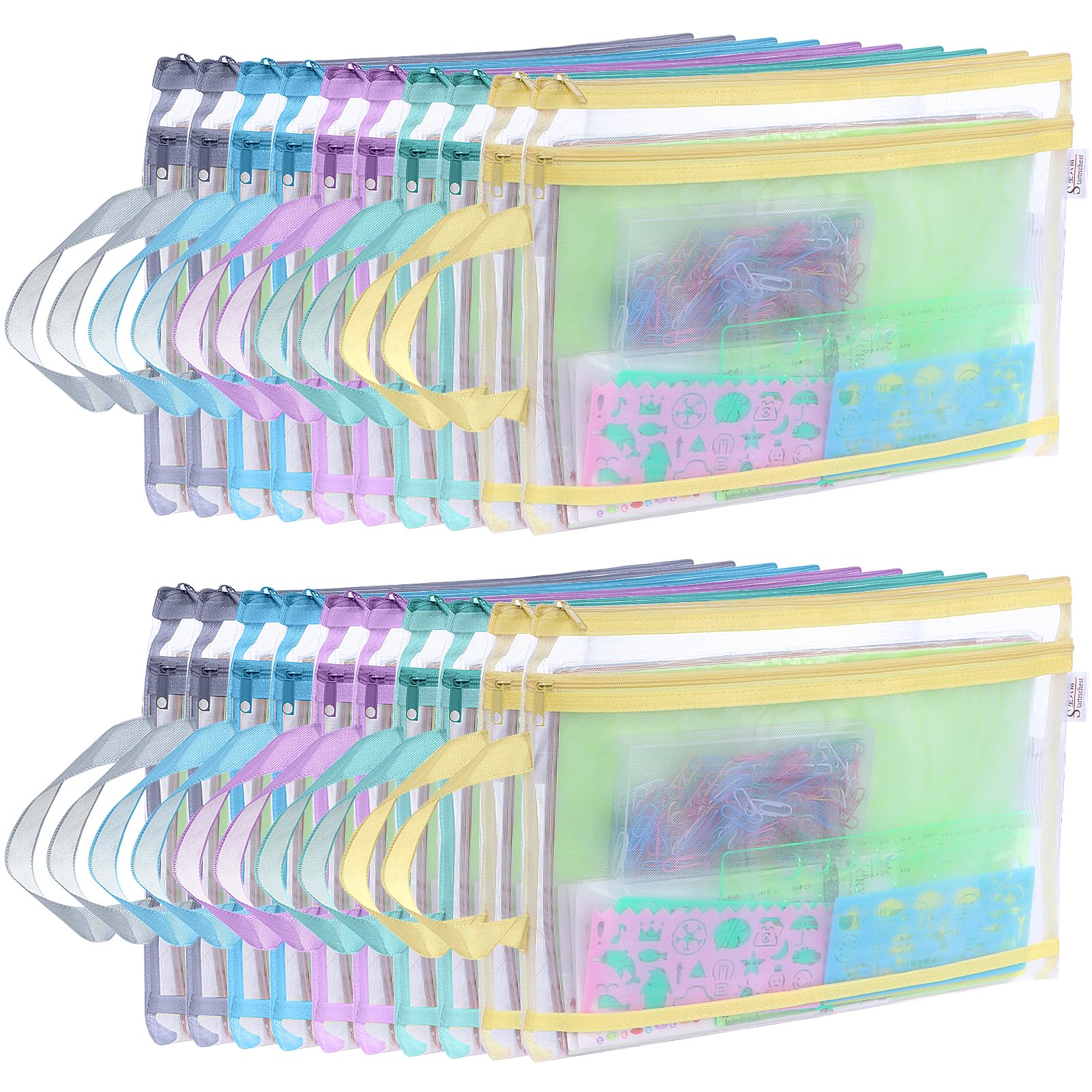 20 Pack Colored Mesh Zipper Pouch Bags,5 Color,A4 Double-Layer Nylon Puzzle Building Block Sets Toy Storage Organization, Mesh Bags with Zipper and Handle for School Office Playroom Storage