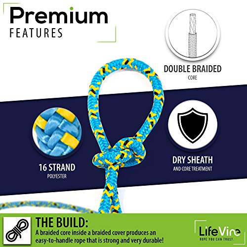 Arborist Tree Rope, Bull Rope, Static Rope, Tree Rope, 18KN, 16 Strand, 1/2 Inch Diameter, 150 Foot, Double Braided, Blue, Black, & Yellow