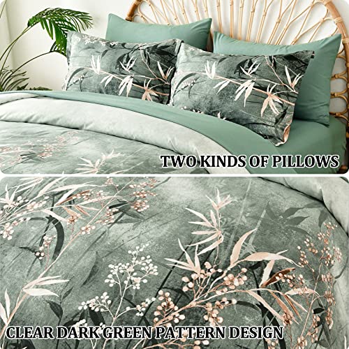 Dinjoy Botanical Comforter Set Queen 7 Pieces Bed in A Bag Dark Green Bamboo Leaves Comforter Set Soft Microfiber Queen Green Omber Comforter with Sheet (7 PCS Queen Comforter,Green)