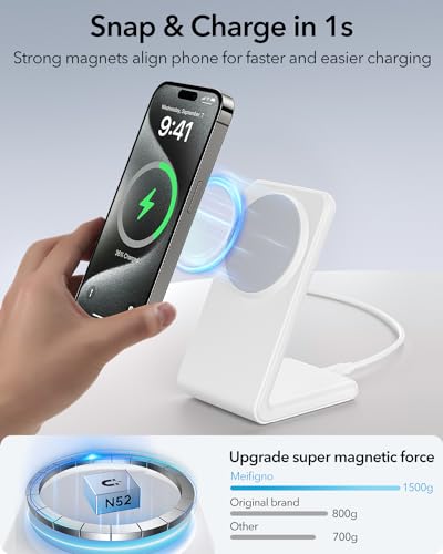 2 Pack Meifigno for MagSafe Charger Stand with [20W USB C Charger Block & USB C Cable x2], Fast Charging Magnetic Wireless Charger for iPhone 15 14 13 12 Pro Max/Pro/Plus/Mini, AirPods 3/Pro, White