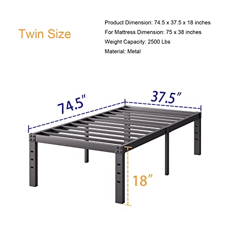 Bednowitz Twin Bed Frames, 18 Inch High Metal Bed Frame, Noise-Free Platform Bed No Box Spring Needed, 4000lbs Heavy Duty Support Mattress Foundation, Easy Assembly, Black