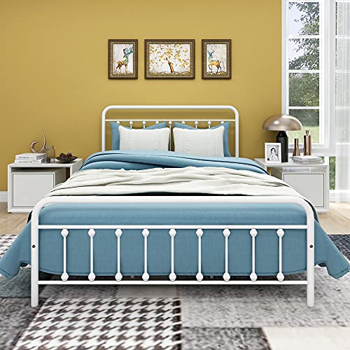 Diolong Queen Bed Frame with Headboard and Footboard Metal Bed Frame Vintage Sturdy Mattress Foundation No Box Spring Needed (White, Queen)