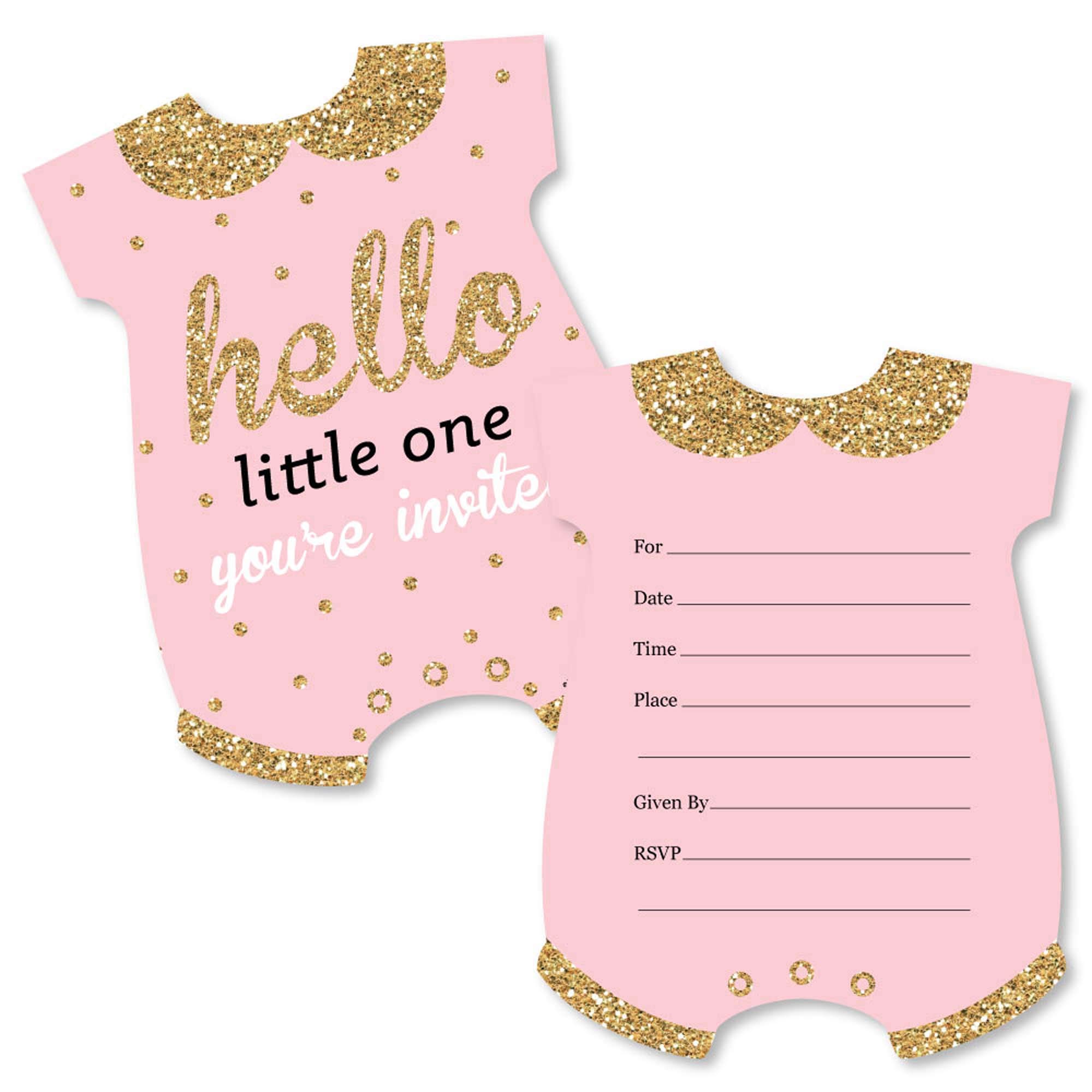 Big Dot of Happiness Hello Little One - Pink and Gold - Shaped Fill-In Invitations - Girl Baby Shower Invitation Cards with Envelopes - Set of 12