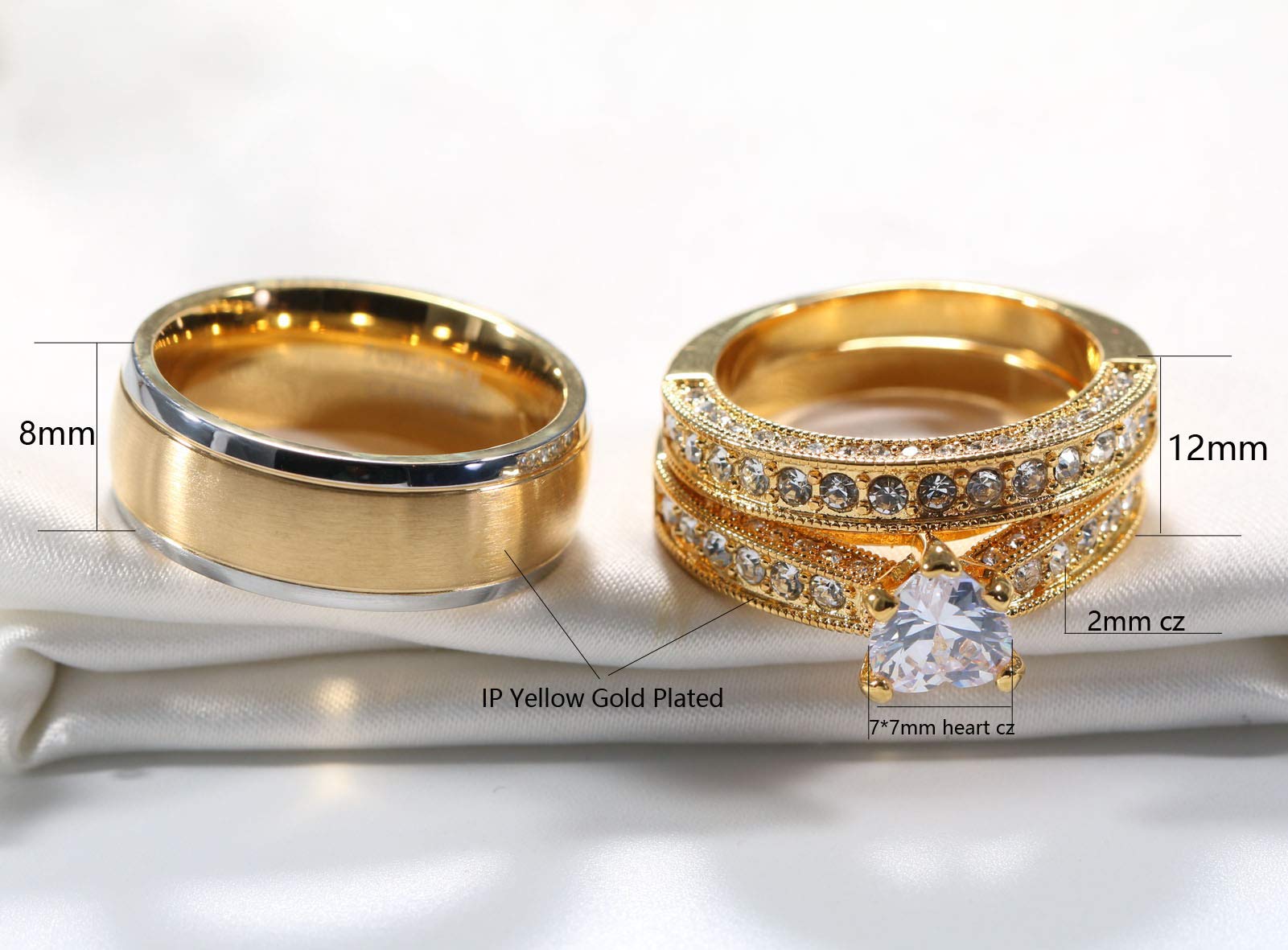 2 Rings His and Hers Couple Rings Bridal Sets Yellow Gold Plated Heart Cz Womens Wedding Ring Sets Tungsten carbide Man Wedding Bands
