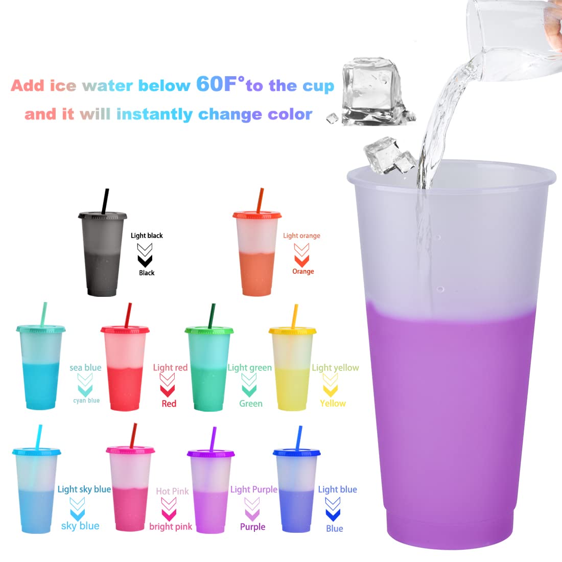 20 Pack Color Changing Cups with Lids and Straws 24 oz Reusable Cups Bulk Tumblers Color Changing Tumbler Cold Cups with Lids Plastic Tumblers Tall Iced Cold Coffee Cups Party Cups for Kids Adults