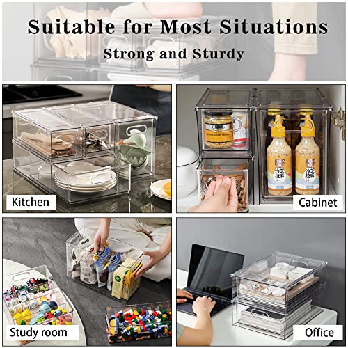 4Pack Stackable Fridge Organizer Drawers Pull Out Bins Clear Refrigerator Drawer Storage Box Divided Produce Saver Containers for Veggie Fruit Pantry Cabinet Makeup Clothes
