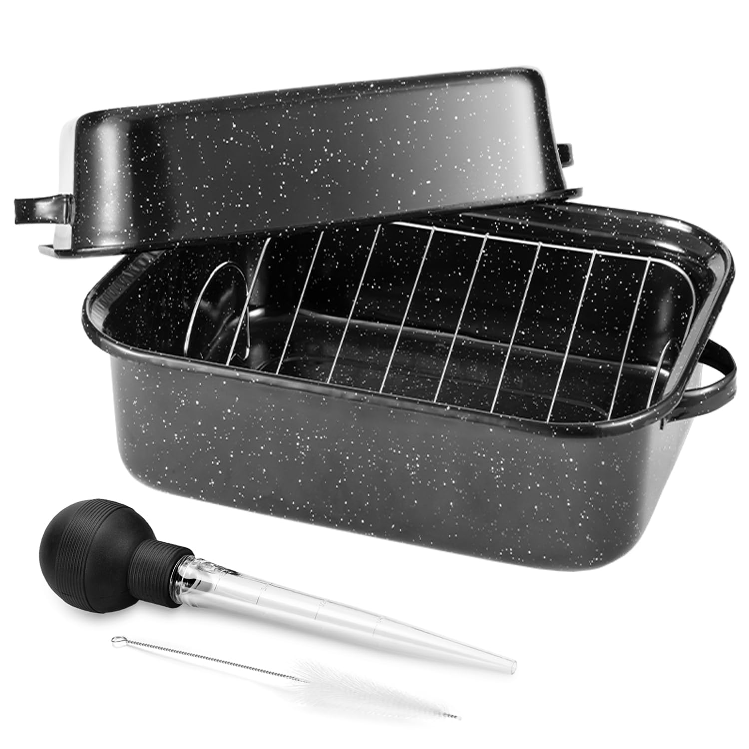 21Inch Roasting Pan, Extra Large Rectangle Roasting Pan With Rack, 25lb Capacity, Large Roaster pan for Baking Turkey, V-Rack and Versatile Lid Bone Turkey Baster by DIMESHY