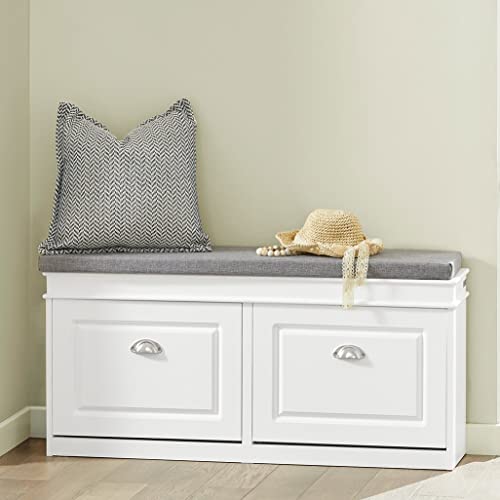 Haotian FSR64-W, White Storage Bench with Drawers & Padded Seat Cushion, Hallway Bench Shoe Cabinet Shoe Bench