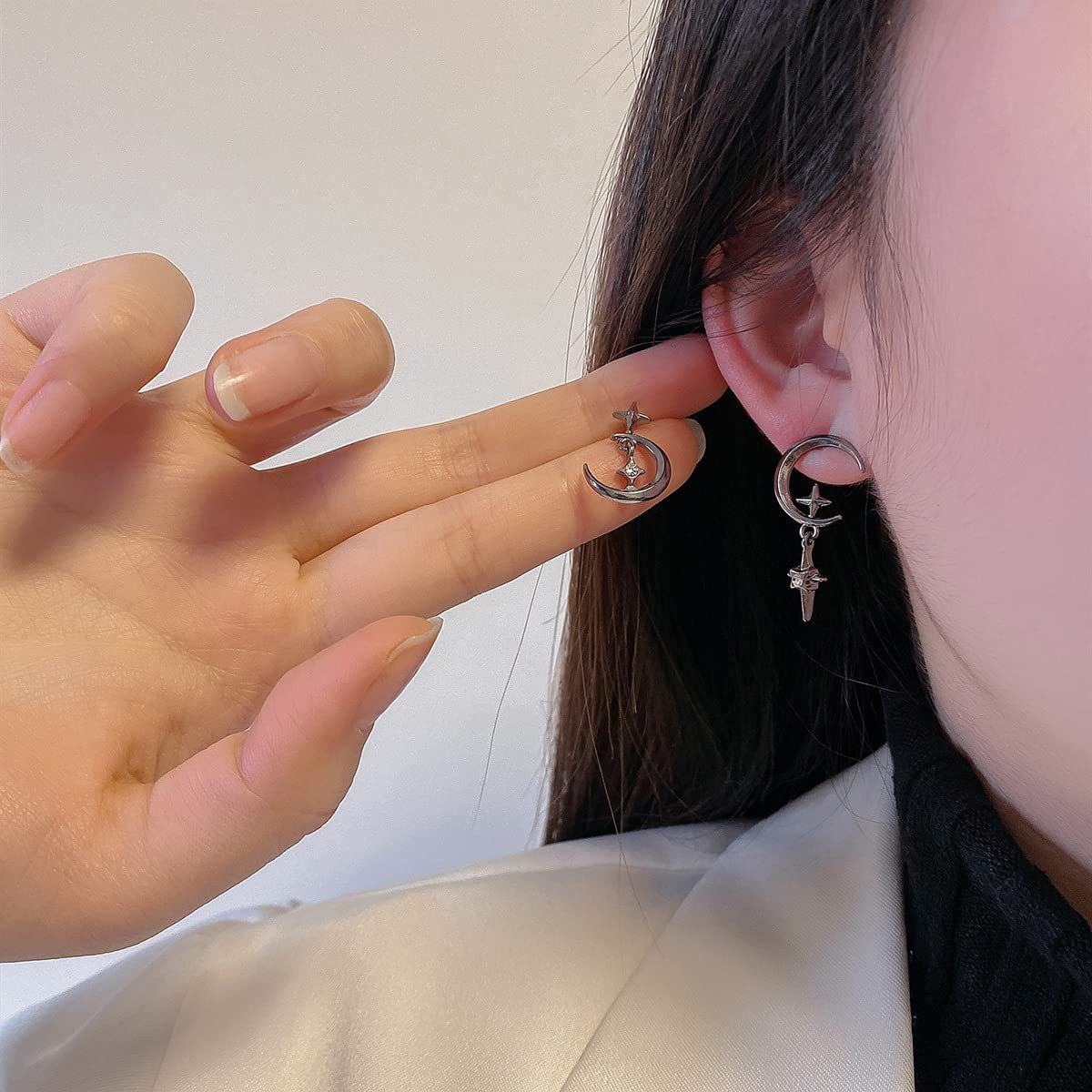 2 Pairs Moon Star Stud Earrings Punk Simple Cool Asymmetric Earrings with Rhinestone Boho Black Moon Earring for Women Girl Teens