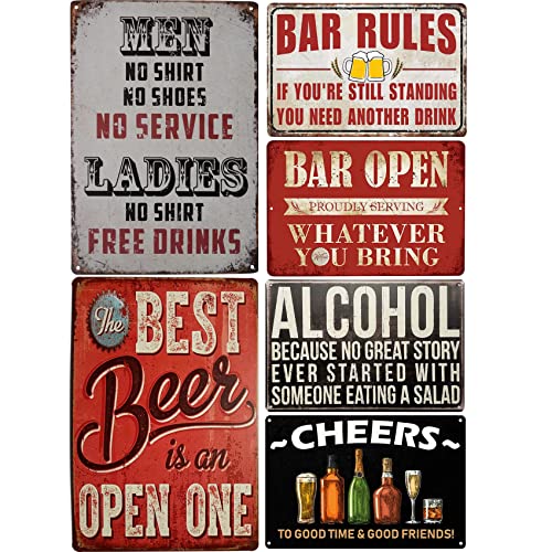 Bar Signs for Home Bar Decor-Funny Bar Signs for Man Cave, Metal Signs Vintage for Home Bar Pub Garage, Retro Tin Signs for Home Bar Shop Decorations Gift 8×12 Inch (6 pcs)