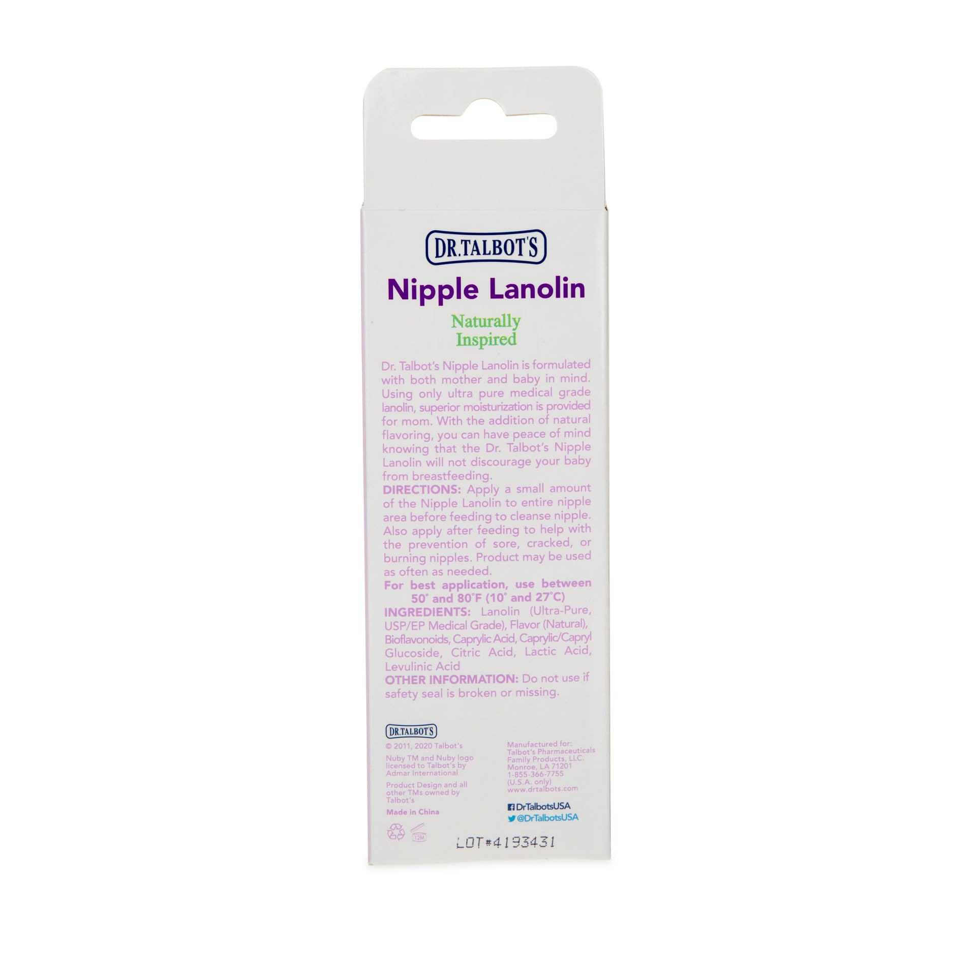 Dr. Talbot's Naturally Inspired Nipple Lanolin to Moisturize, Soothe & Protect, Ultra Pure Medical Grade, Baby Safe