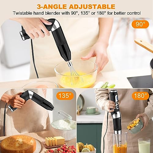 3-in-1 Immersion Hand Blender: 3-Angle Adjustable with Variable 21-Speed Control, Powerful Hand Blender Electric for Milkshakes | Smoothies | Soup| Puree | Baby Food (Red)