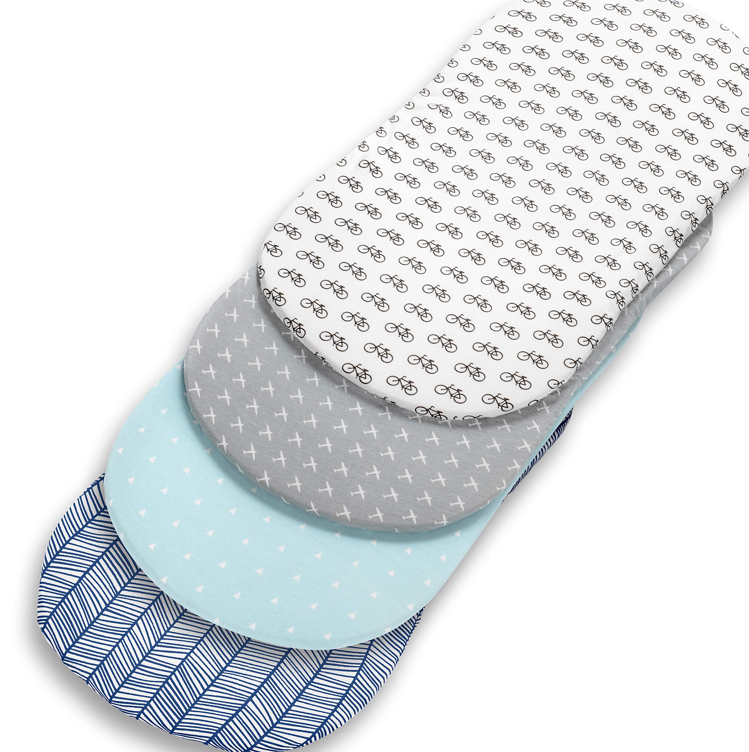 Bassinet Bed Sheets – Premium Bassinet Fitted Sheets 4 Pack – 100% Jersey Knit Cotton Cradle Sheets – Bassinet Bedding for Standard Size Oval or Halo Bassinet Pads – Bassinet Sheet for Boy & Girl