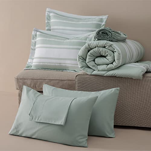 Bedsure Bed in a Bag Queen Size 7 Pieces, Sage Green White Striped Bedding Comforter Sets All Season Bed Set, 2 Pillow Shams, Flat Sheet, Fitted Sheet and 2 Pillowcases