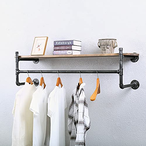 HAOVON Industrial Pipe Clothing Rack Wall Mounted Wood Shelf,Pipe Shelving Floating Shelves,Retail Garment Rack Display Rack Clothes Racks(1 Tier,48in)