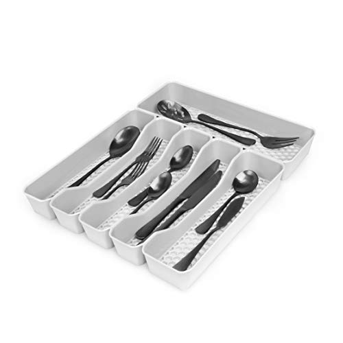 Spectrum Diversified Hexa 5-Divider Silverware Buildup-Resistant Drawer Organizer & Utensil Holder with Locking Expandable Wings, Easy-to-Clean Modern Kitchen Storage & Cutlery Tray, Stone Gray