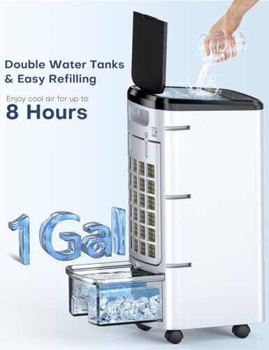 3-IN-1 TEMEIKE Swamp Cooler Air Conditioner, Evaporative Air Cooler w/ 4 Modes & 3 Speeds, 12H Timer & Remote & Dual Water Tank, 65ยฐ Oscillating Air Conditioner Portable for Bedroom
