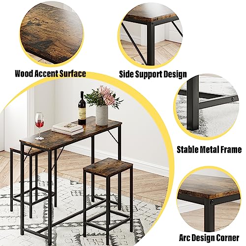 AEPOALUA Dining Table Set, 47.2β Rectangular Bar Table and Chairs Set, 3 Piece Kitchen Breakfast Table with 2 Stools, Pub Table and Chairs Set of 2 for Dining Room, Living Room, Rustic Brown/Black