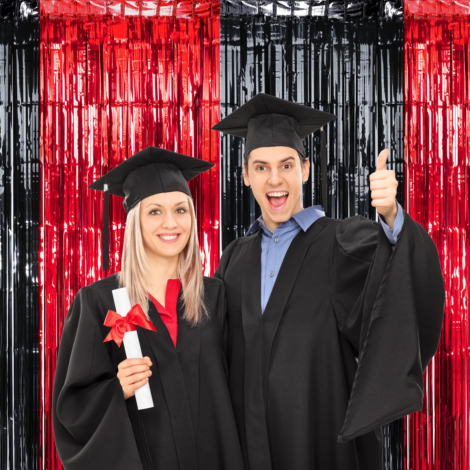 6 Pack 3.3Ft x 6.6Ft Graduation Foil Fringe Curtain Backdrop Decorations, Red Black Metallic Tinsel Foil Streamers Curtain Photo Booth Background for Graduation Prom Wedding Birthday Party Decorations