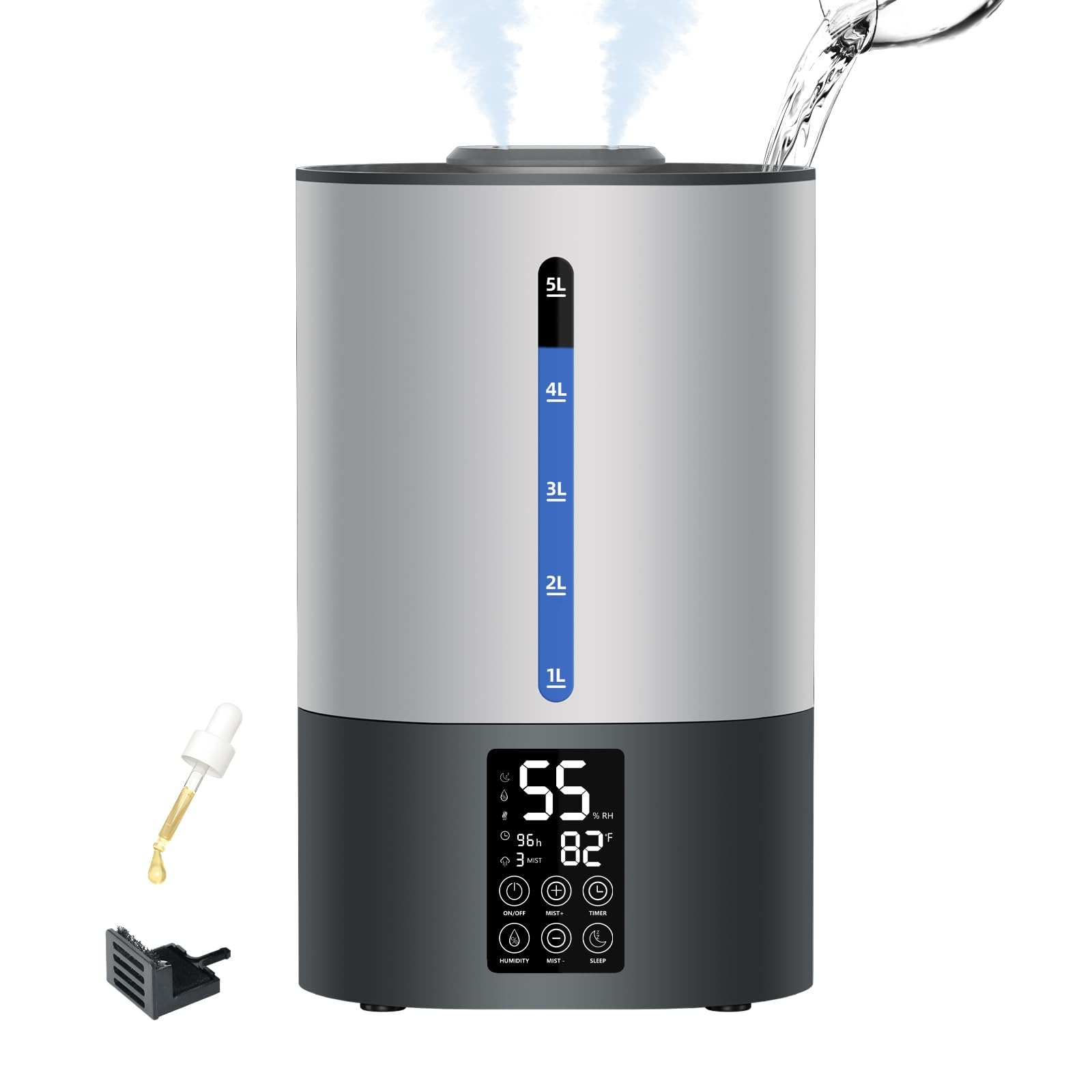 5L Humidifiers for Bedroom and Plants, Ultrasonic Cool Mist Humidifiers for Baby home Mist Top Fill Desk Humidifiers Essential Oil Diffuser, Quiet Humidifiers with Adjustable Mist,360°Nozzle-Gray