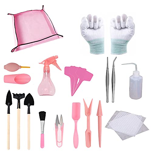 22 Pieces Succulent Planting Tools Kit, Mini Gardening Hand Tools Set - Potting,Cactus, Bonsai, Transplanting Tools + PU Nylon Gloves Coated Palm Anti-Static + Gardening Mat (Pink)_AB