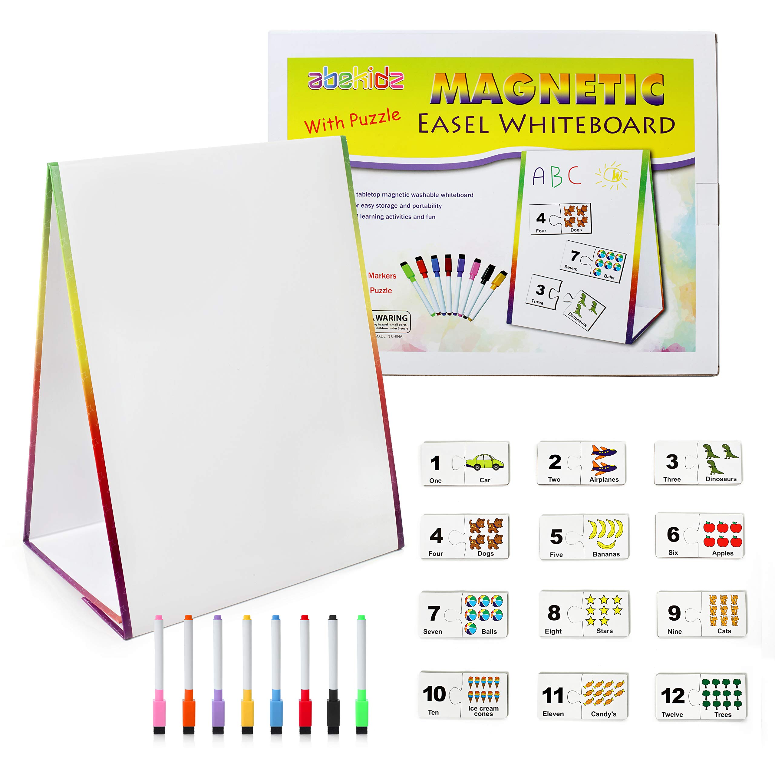 Abesons Kids Self-Standing Double-Sided Tabletop Magnetic Easel Dry Erase White Board. Includes 8 Dry Erase Markers + Educational Magnetic Numbers Puzzle (Easel + Puzzle)