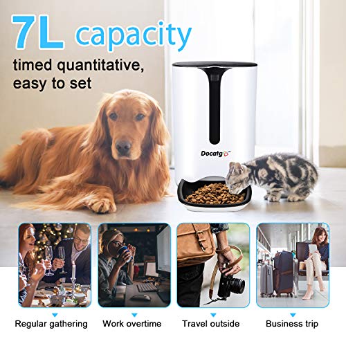 Aeiniwer Docatgo Automatic Cat Dog Food Dispenser Feeder for Small Pets with Distribution Alarms, Portion Control, Voice Recorder and Programmable Timer for up to 4 Meals per Day