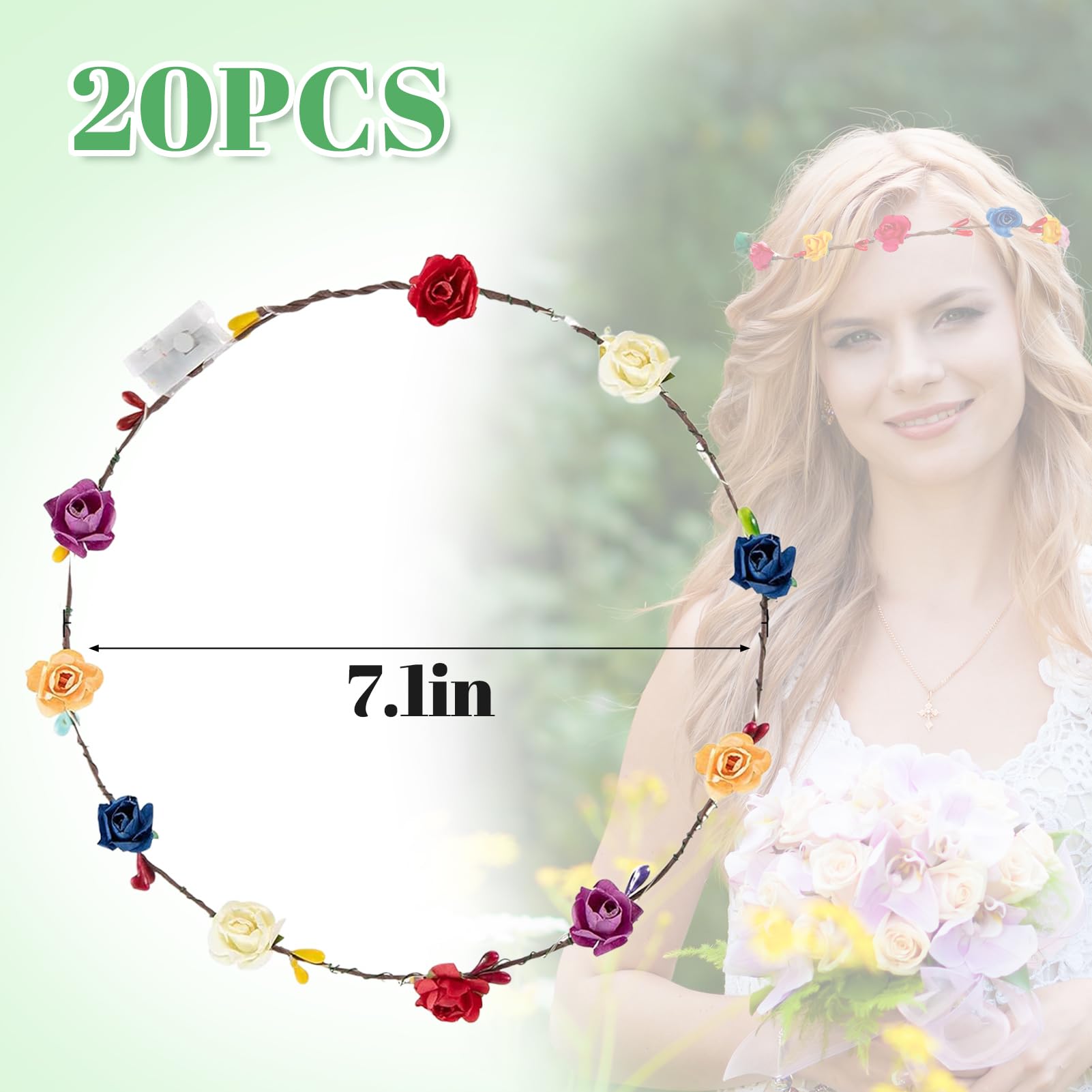 20 Pcs Halloween LED Flower Crowns Headbands - Light Up Headband for Women, Garlands Glowing Floral Wreath Crowns for Wedding Beach Party Birthday Cosplay