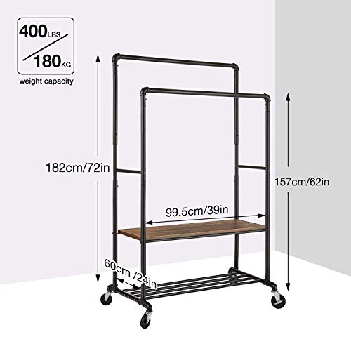 GREENSTELL Clothes Rack with Shelves, Industrial Pipe Style Rolling Garment Rack, Heavy Duty Double Rods Clothes Hanging Rack, Adjustable Height Durable Coat Rack for Organizing Clothes and Shoes