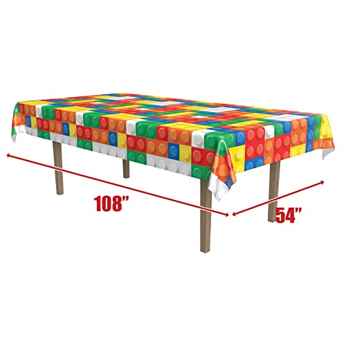 Beistle Building Blocks Tablecovers, 54β x 108β, 2 Pieces β Plastic Table Cloth, Building Block Party Supplies, Birthday Party Decorations, Rectangular Table Cloth, Party Decor