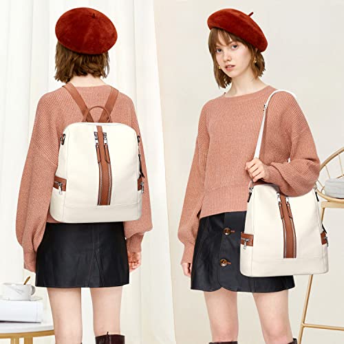 ALTOSY Genuine Leather Backpack Purse for Women Convertible Shoulder Bag Crossbody Bag with Laptop Compartment(S77 White/Brown)
